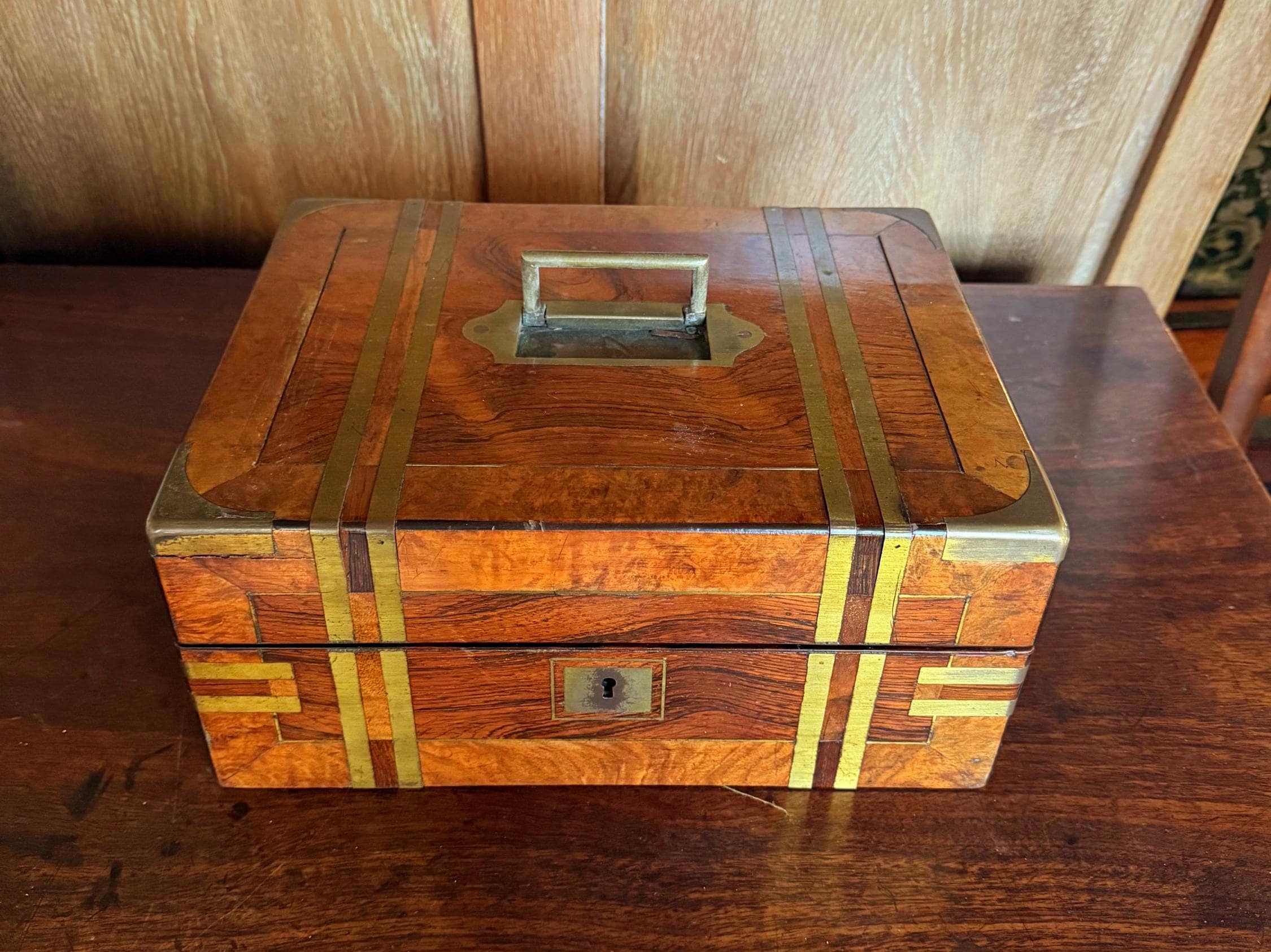 19th Century Campaign Style Sewing Box With English Silver Hallmarked ...