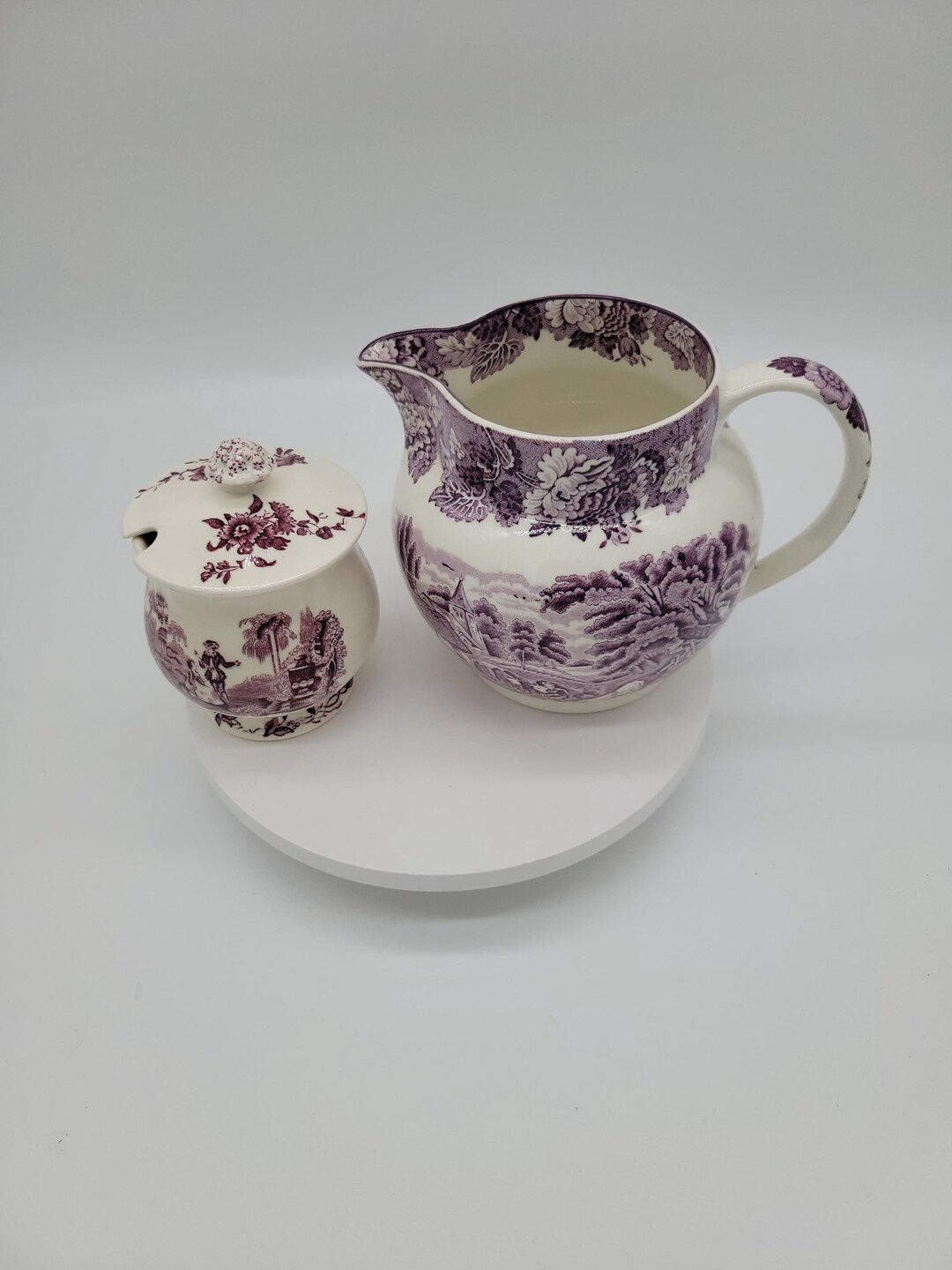 19th Century Wood & Sons English Scenery Mulberry Pitcher and Mustard ...