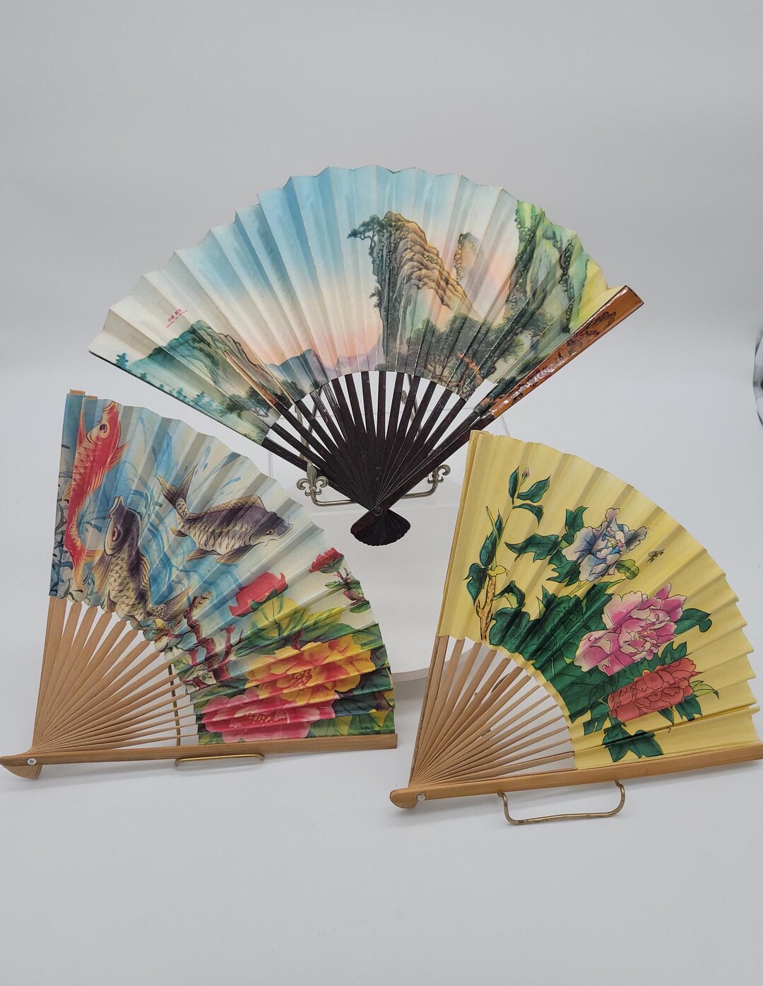 Trio of Vintage Asian Hand Fans, Bamboo and Paper, Fish, Flowers and ...