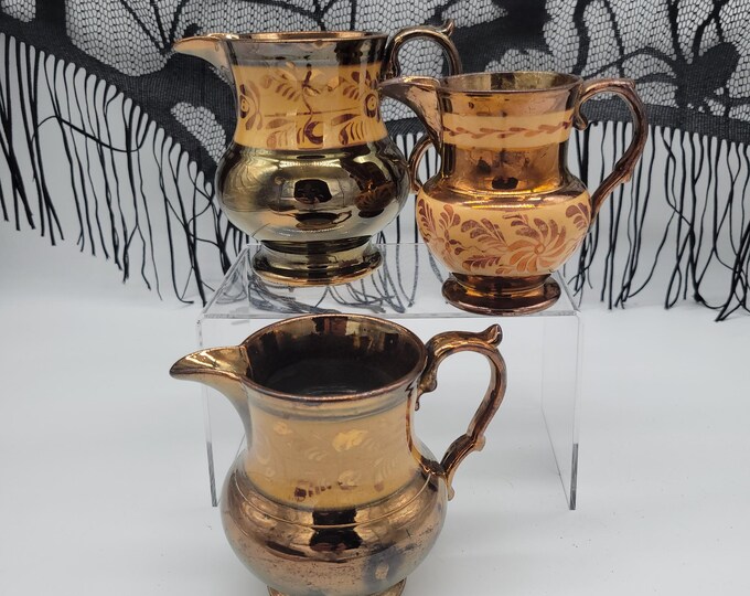 1800's English Copper Lusterware Hand Painted Creamers, Small Pitchers ...