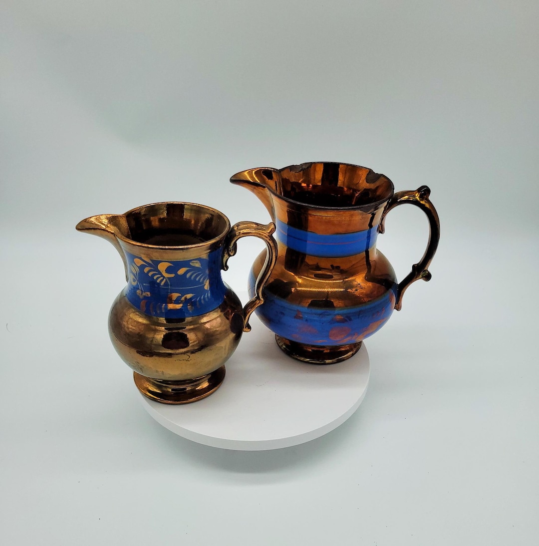 Antique Copper Lusterware Pitchers W/blue Designs, Your Choice - Etsy