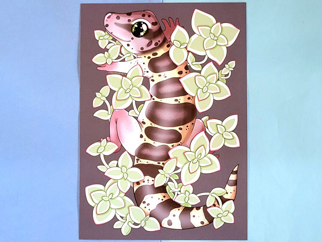 Banded Gecko With Plants Art Print Animal Wildlife Stationery Digital ...