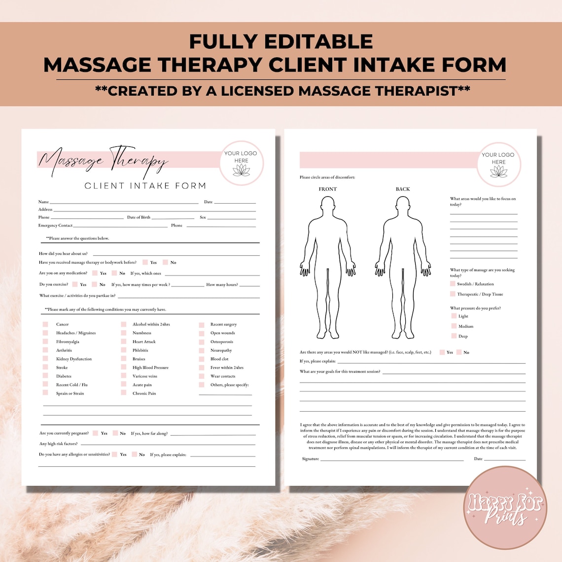 Massage Client Intake and Consent Forms Editable, Client Intake Form ...