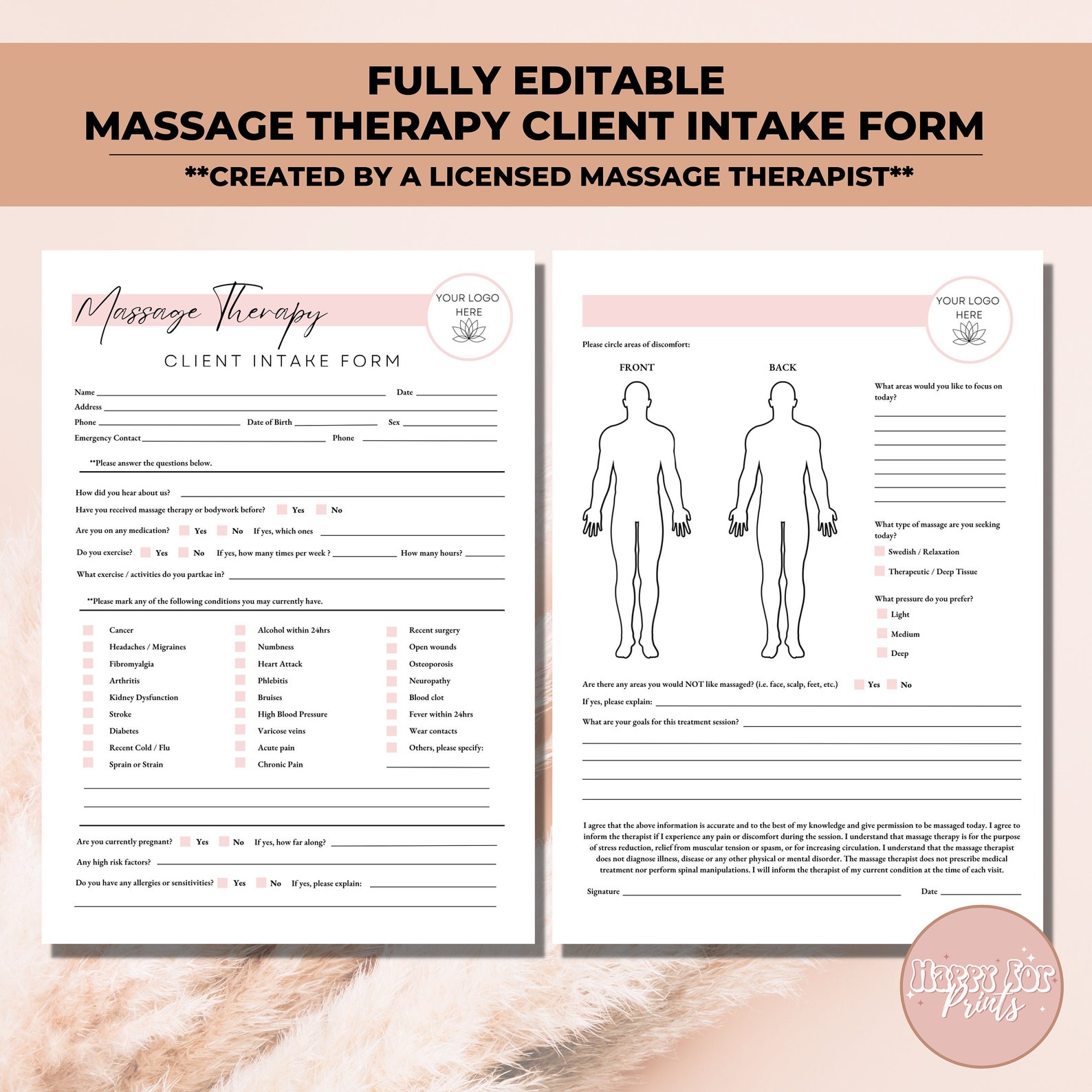Massage Client Intake and Consent Forms Editable, Client Intake Form ...