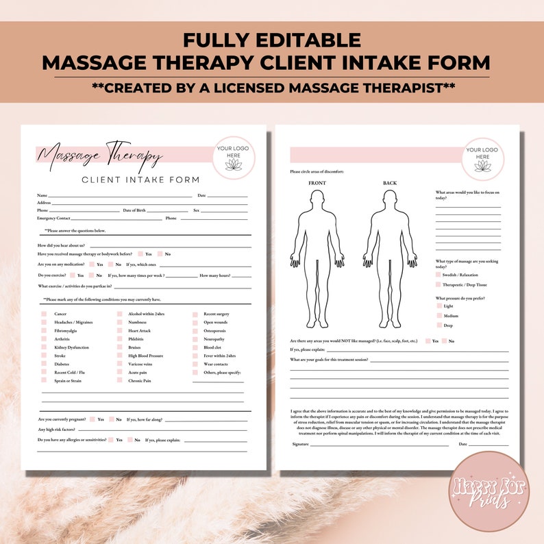 Massage Client Intake and Consent Forms Editable, Client Intake Form ...