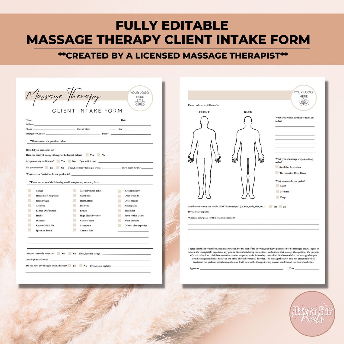 Massage Client Intake and Consent Forms Editable, Client Intake Form ...