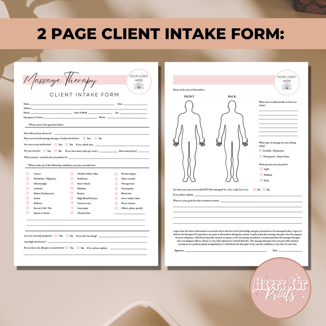 Massage Client Intake and Consent Forms Editable, Client Intake Form ...
