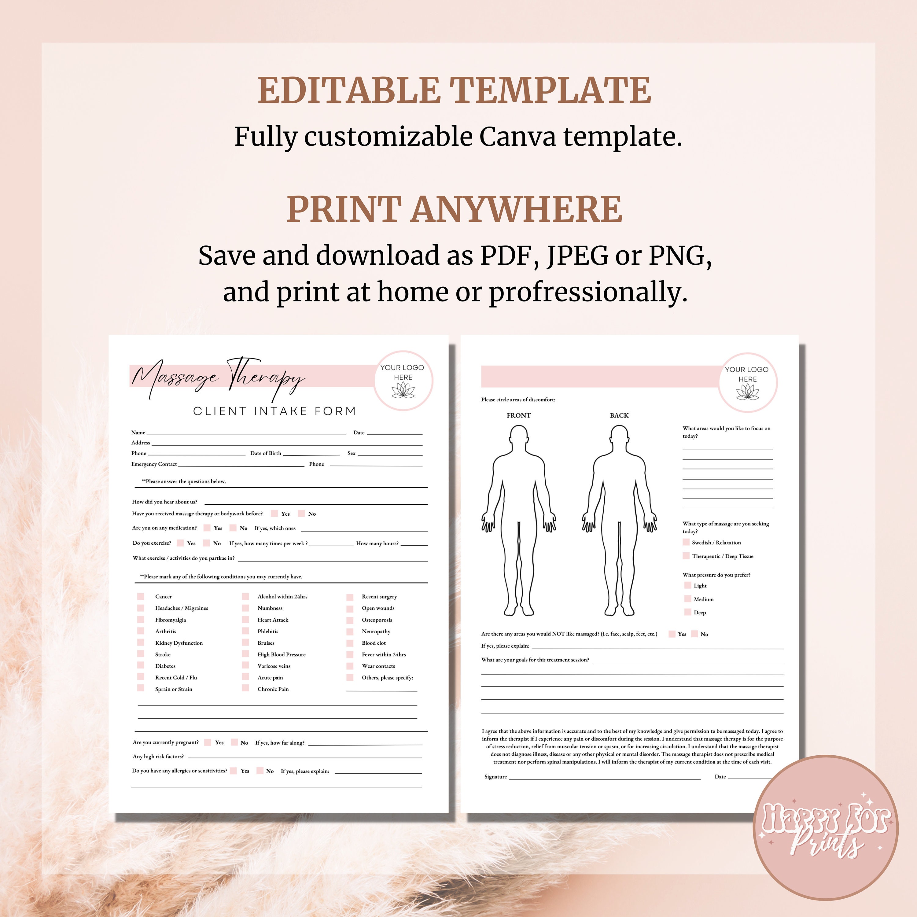 Massage Client Intake and Consent Forms Editable, Client Intake Form ...