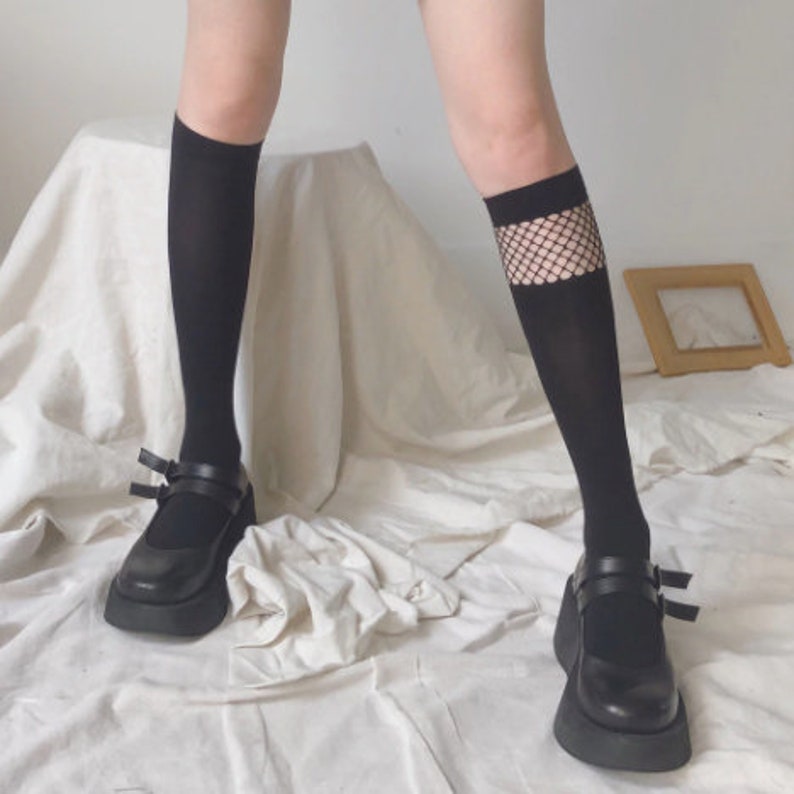 Black Patchwork Mesh Knee High Socks / Knee High Socks / | Etsy
