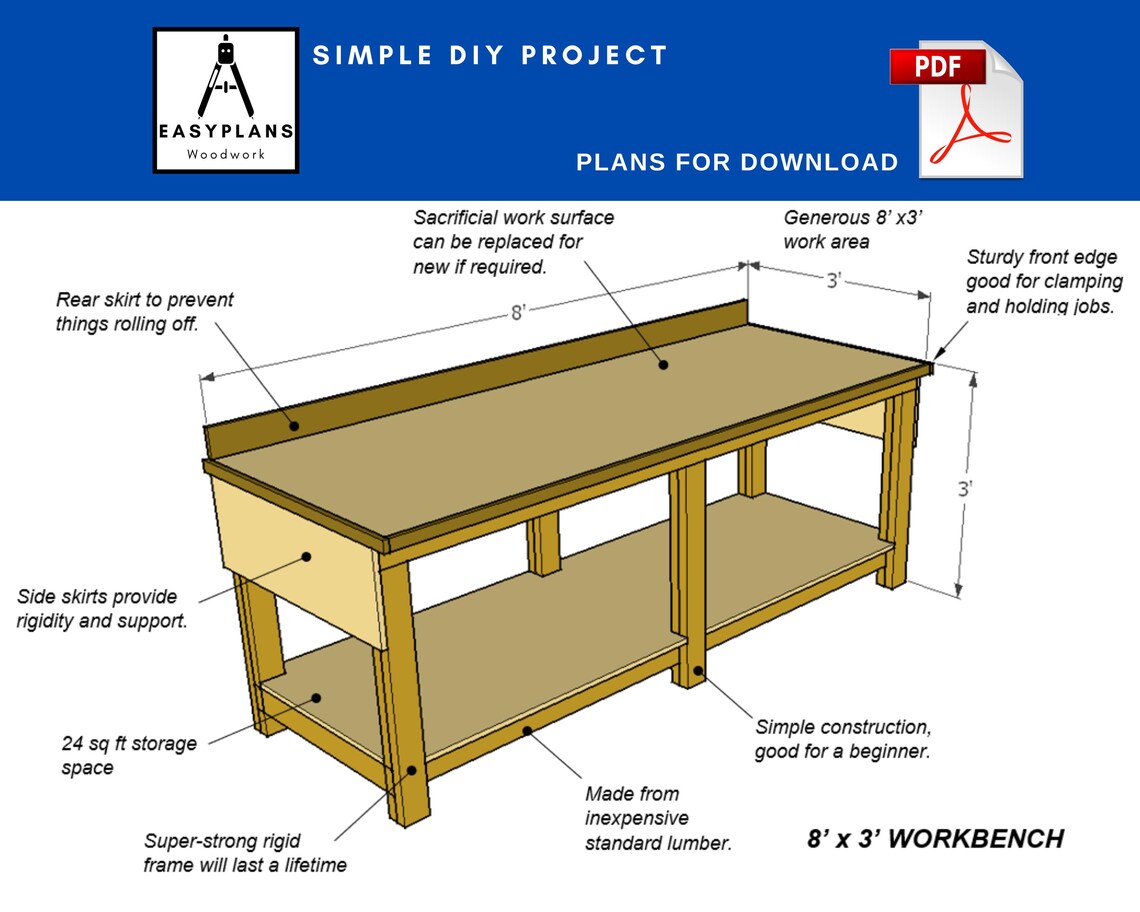 PLANS for Sturdy 8ft Workbench Simple DIY Build Project - Etsy