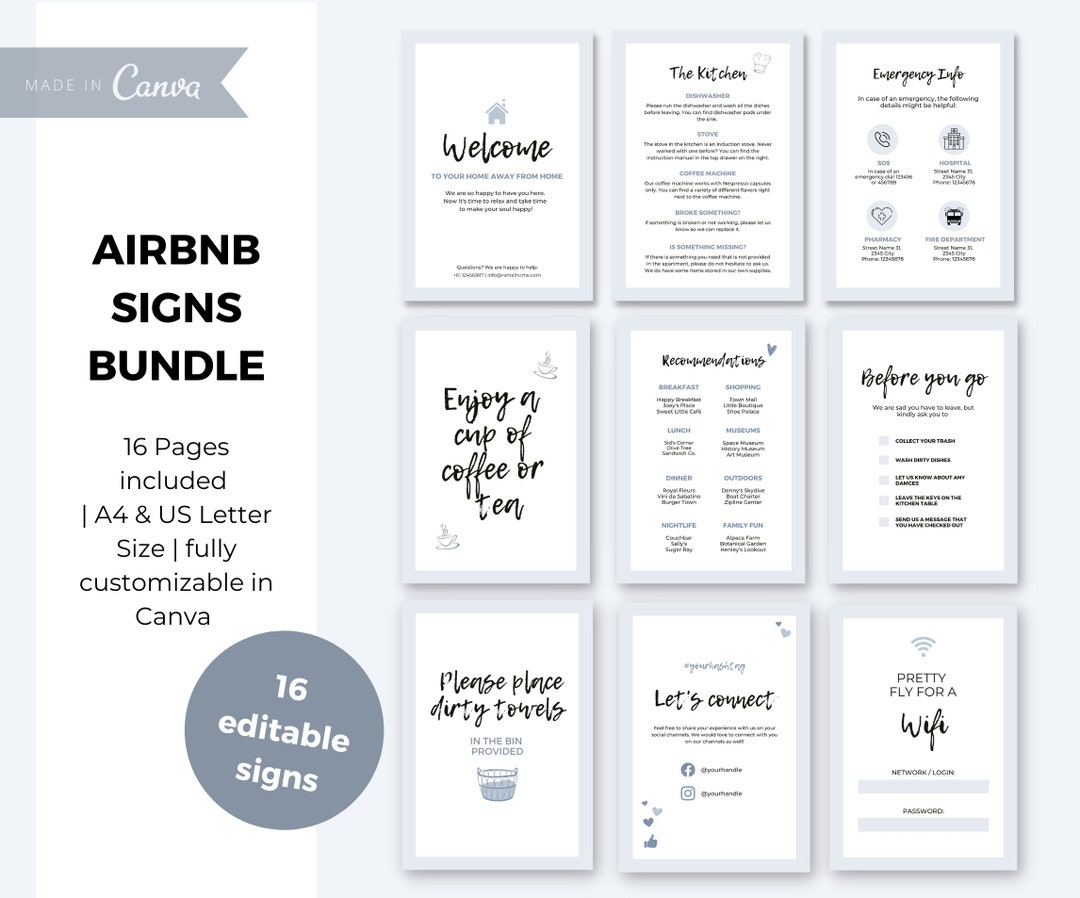 16 Airbnb Posters | Airbnb Signs Template Canva | Editable Airbnb Guest ...
