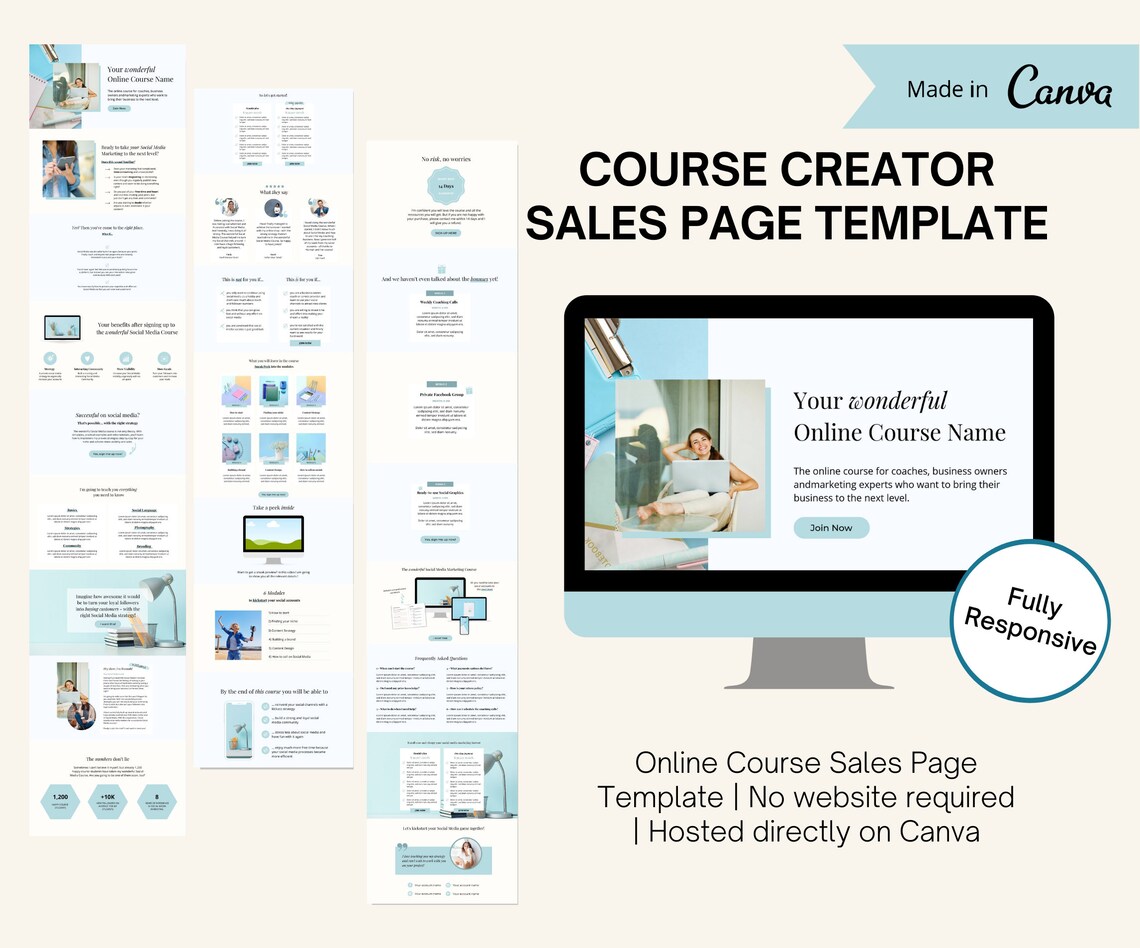 Online Course Sales Page Template Canva | Sales Funnel Canva | Website ...