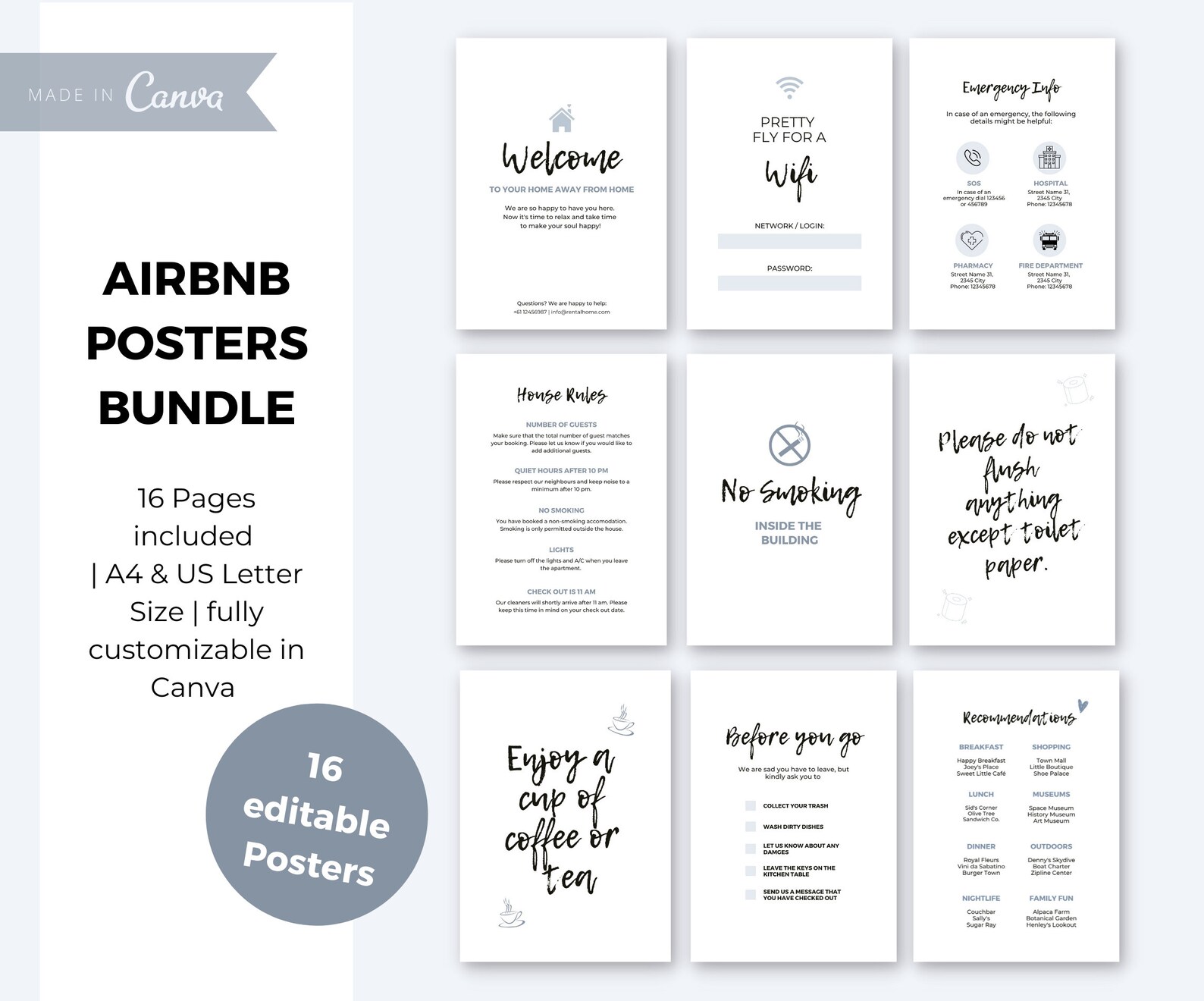Airbnb Posters Bundle | 16 Airbnb Signs Canva Template | Airbnb ...