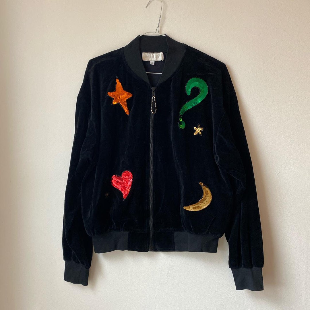 Great Black Velvet Bomber Jacket With Embroidered Sequin Design - Etsy