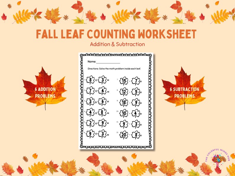 Fall Leaf Math Worksheet - Etsy