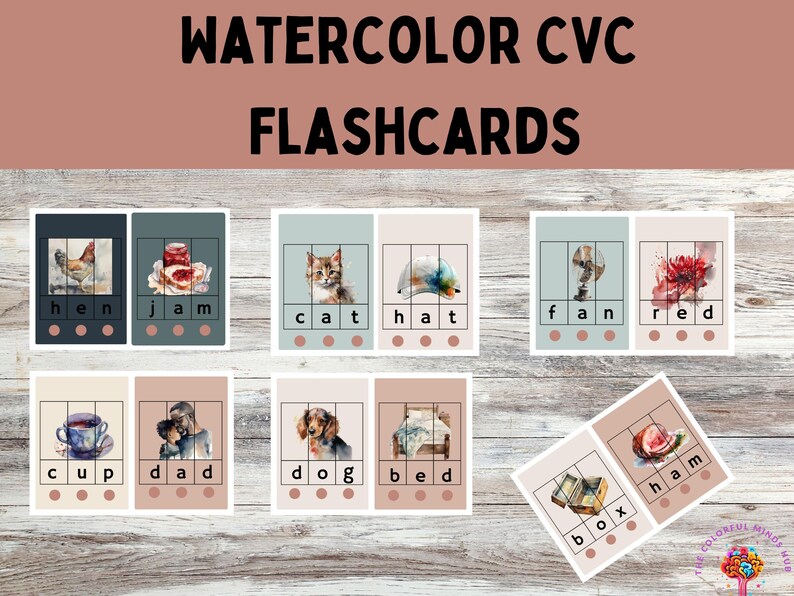 CVC Word Flashcards, Watercolor, Phonics, Learn to Read, Short Vowel ...