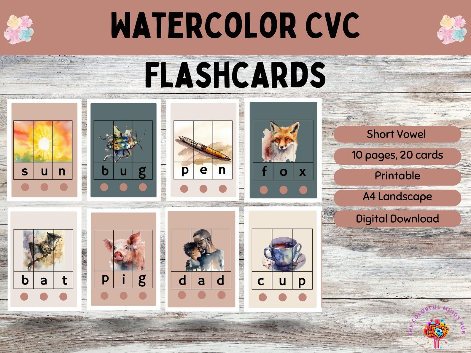 CVC Word Flashcards, Watercolor, Phonics, Learn to Read, Short Vowel ...