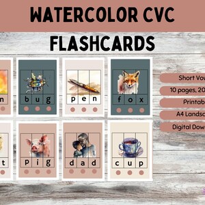 CVC Word Flashcards, Watercolor, Phonics, Learn to Read, Short Vowel ...