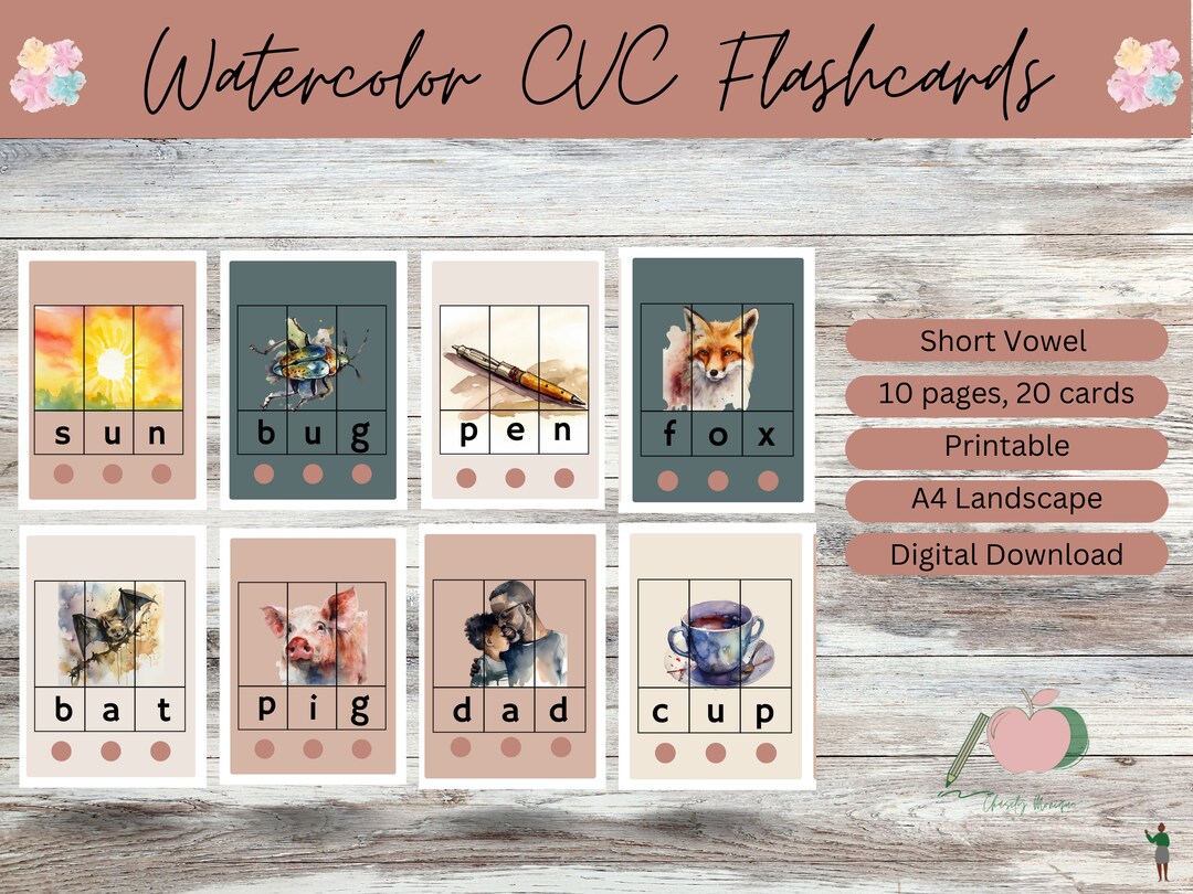 CVC Word Flashcards, Watercolor, Phonics, Learn to Read, Short Vowel - Etsy