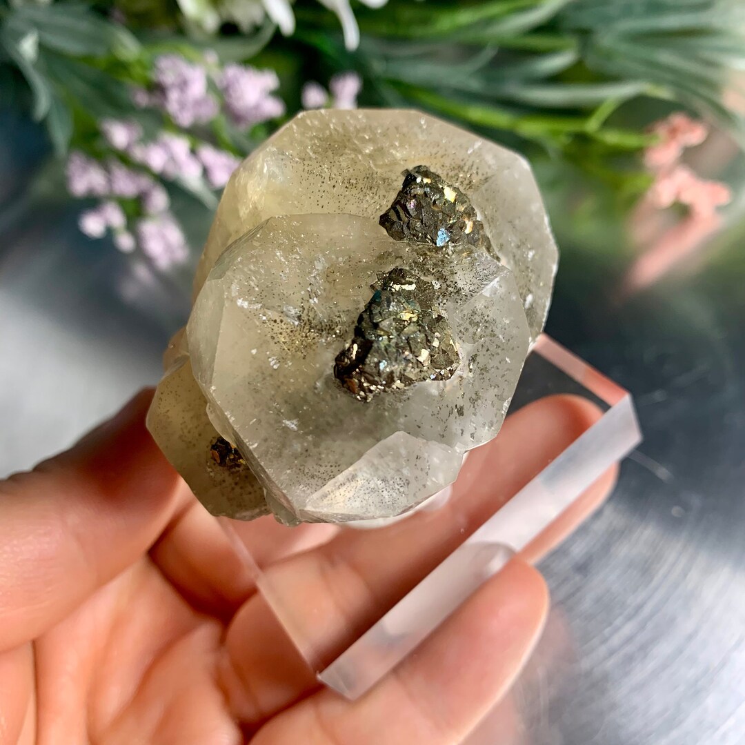 Are Triangular Calcite With Golden Chalcopyrite — Transparent Mercedes ...