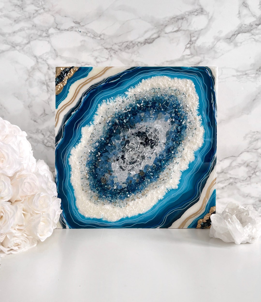 Resin Geode Art, Blue Gold Geode Wall Art, 3D Geode, Crystal Geode Art ...