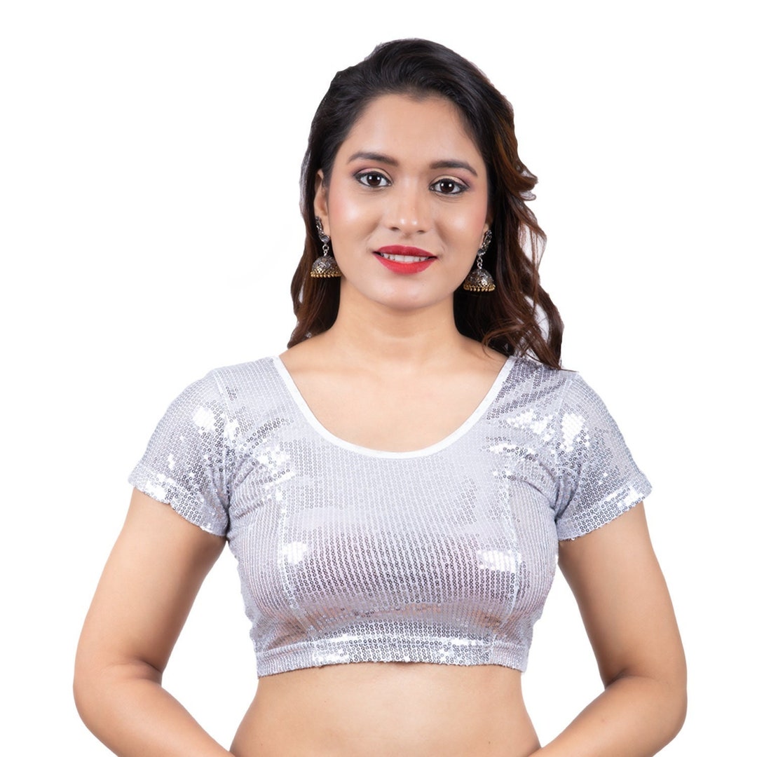 Silver Saree Blouse Readymade USA - Stretchable Sequence Saree Blouse ...