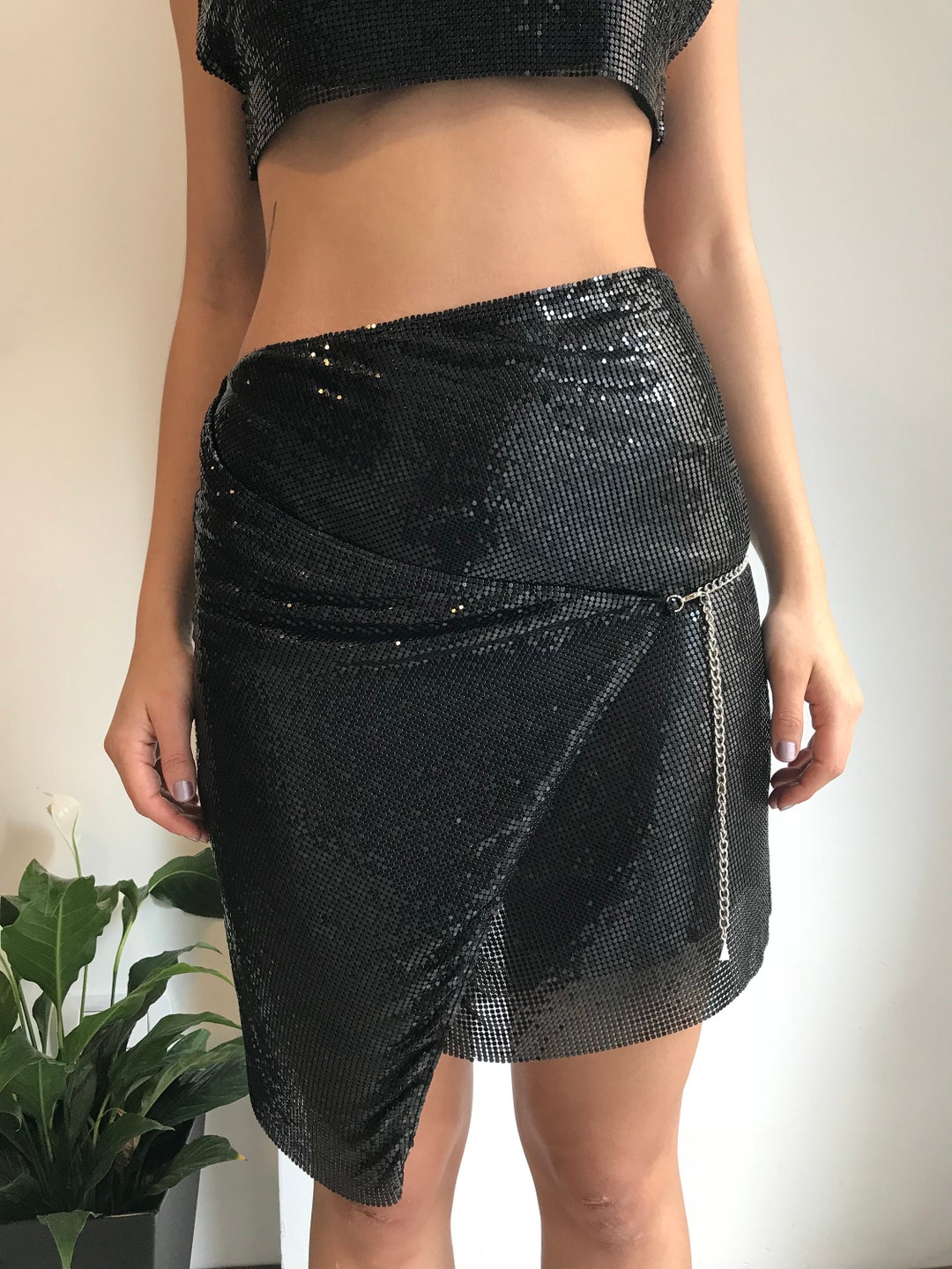 Serafina Wrap Skirt (black): Chainmail Metal Mesh Look, Y2K Party ...