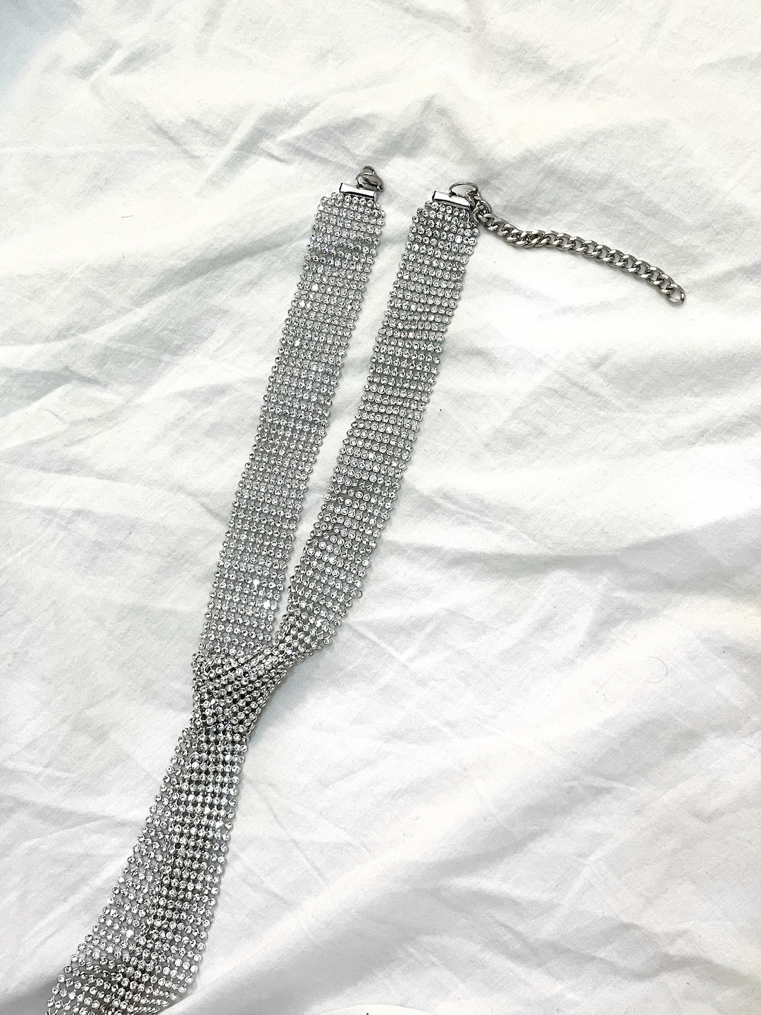 Tie Crystal Necklace (silver) | Chainmail Metal Mesh Rhinestone Sparkly ...