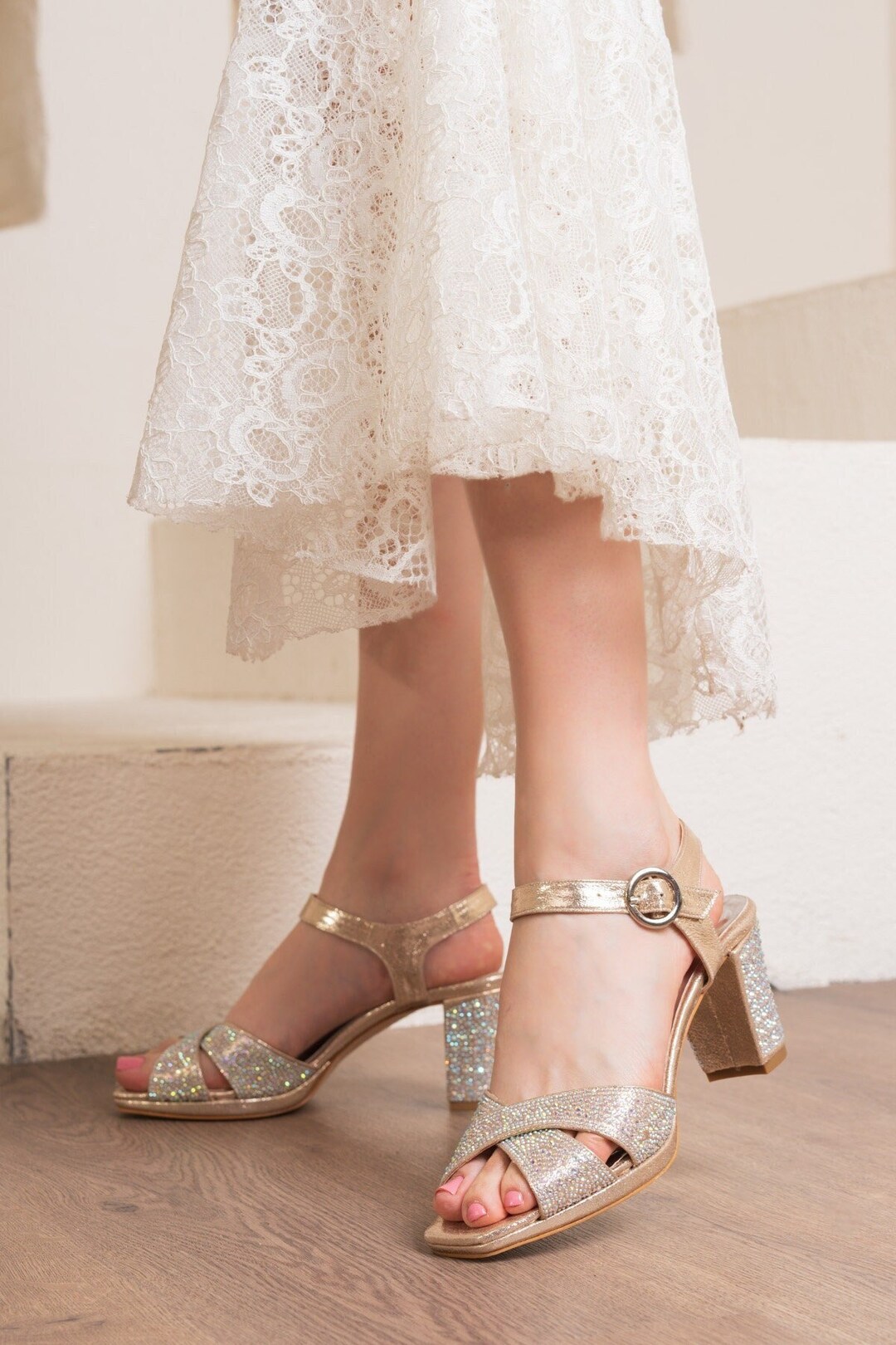 Gold Shoes Stone Platform Thick Heels Personalized Stylish Design ...