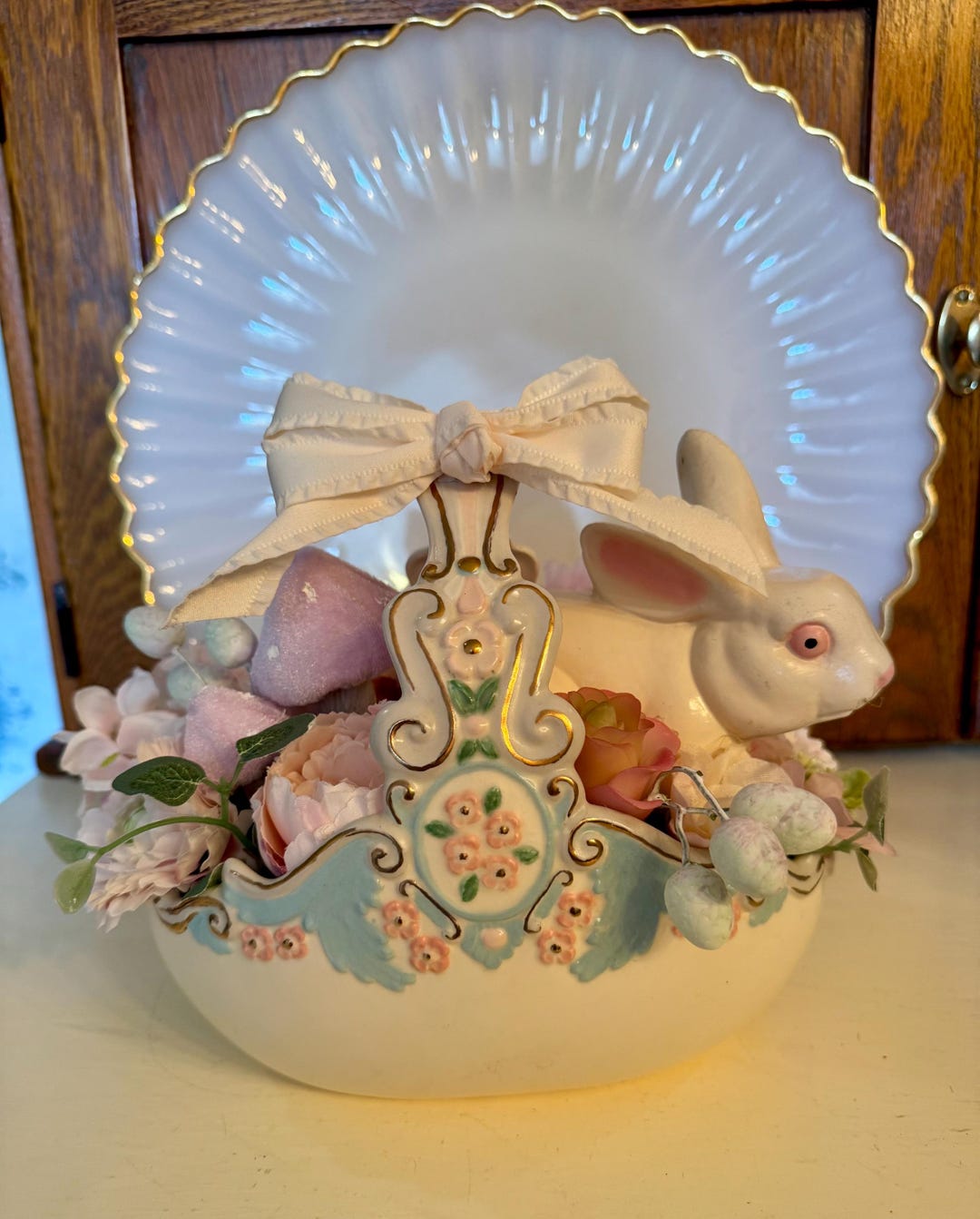 Vintage Easter Assemblage Ceramic Basket With Rabbit, Mushrooms and ...
