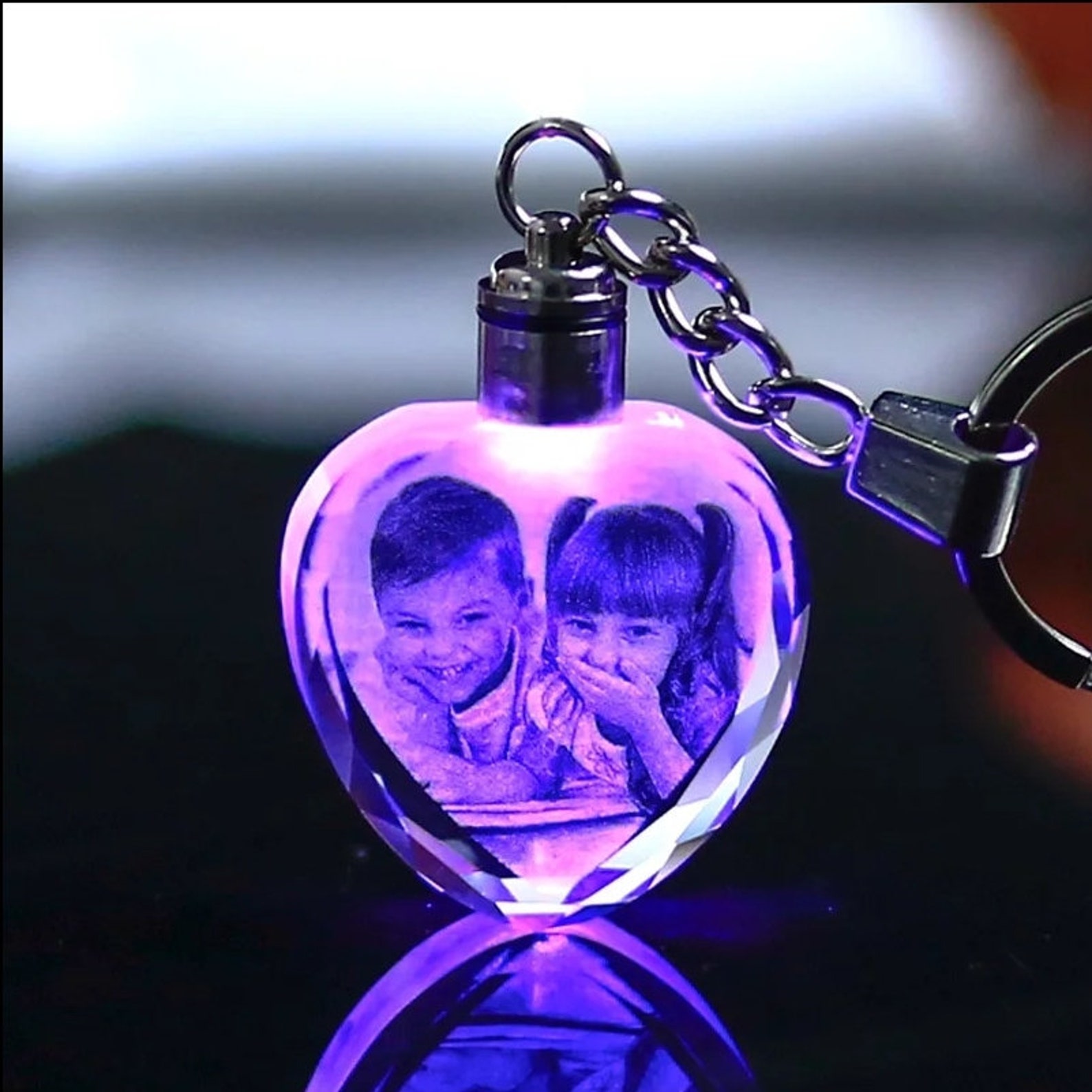 3D Crystal• Engraved Photo Crystal Heart Keyring With Led Light ...
