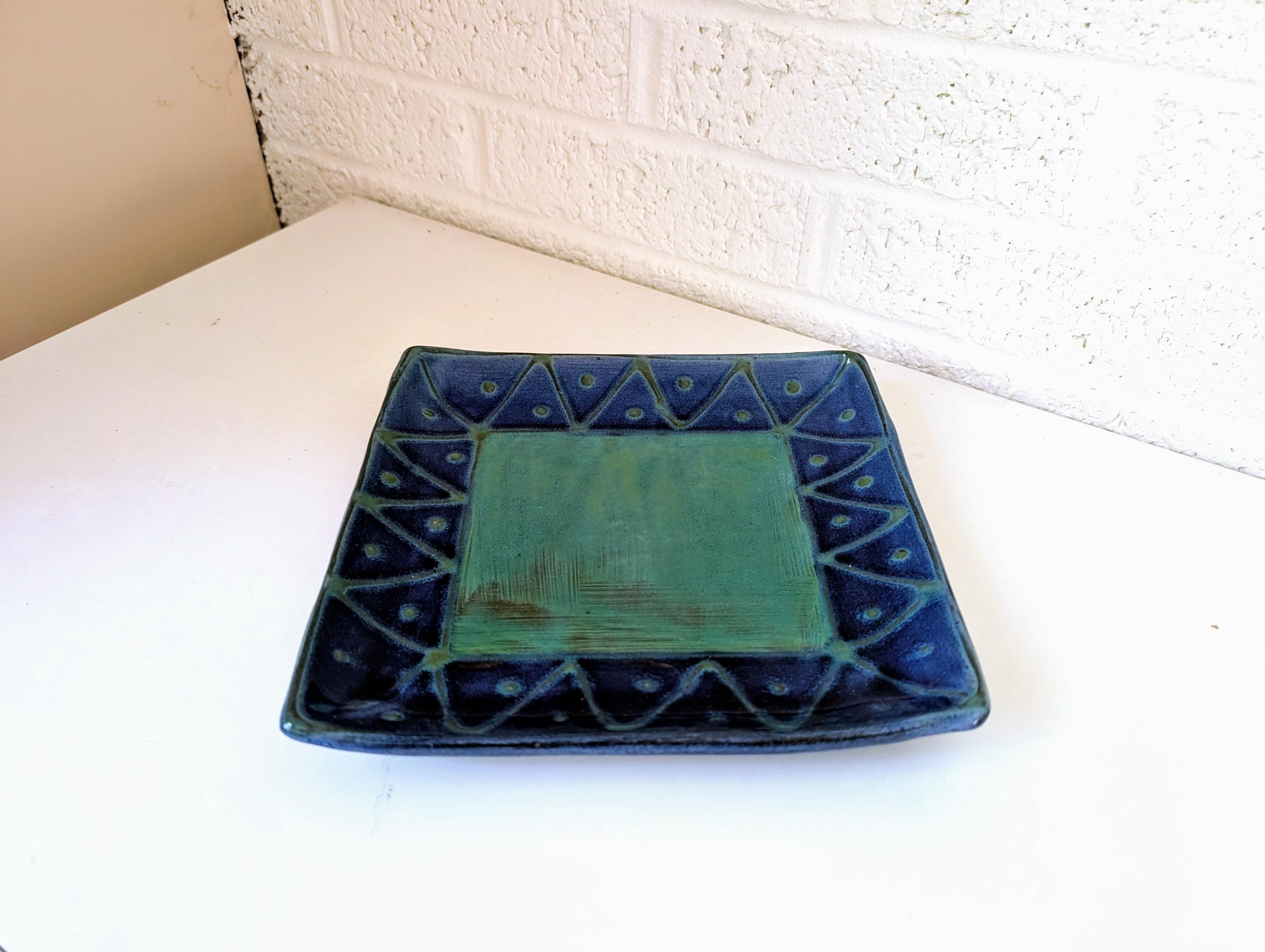 One Vintage Earthworks Barbados Dinner Plate | Square Plate With Blue ...