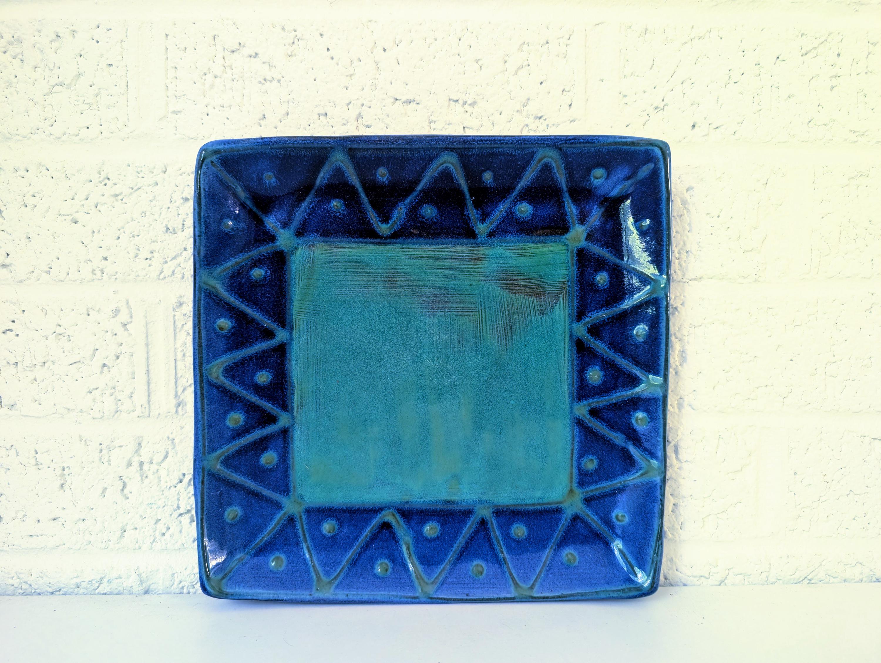 One Vintage Earthworks Barbados Dinner Plate | Square Plate With Blue ...