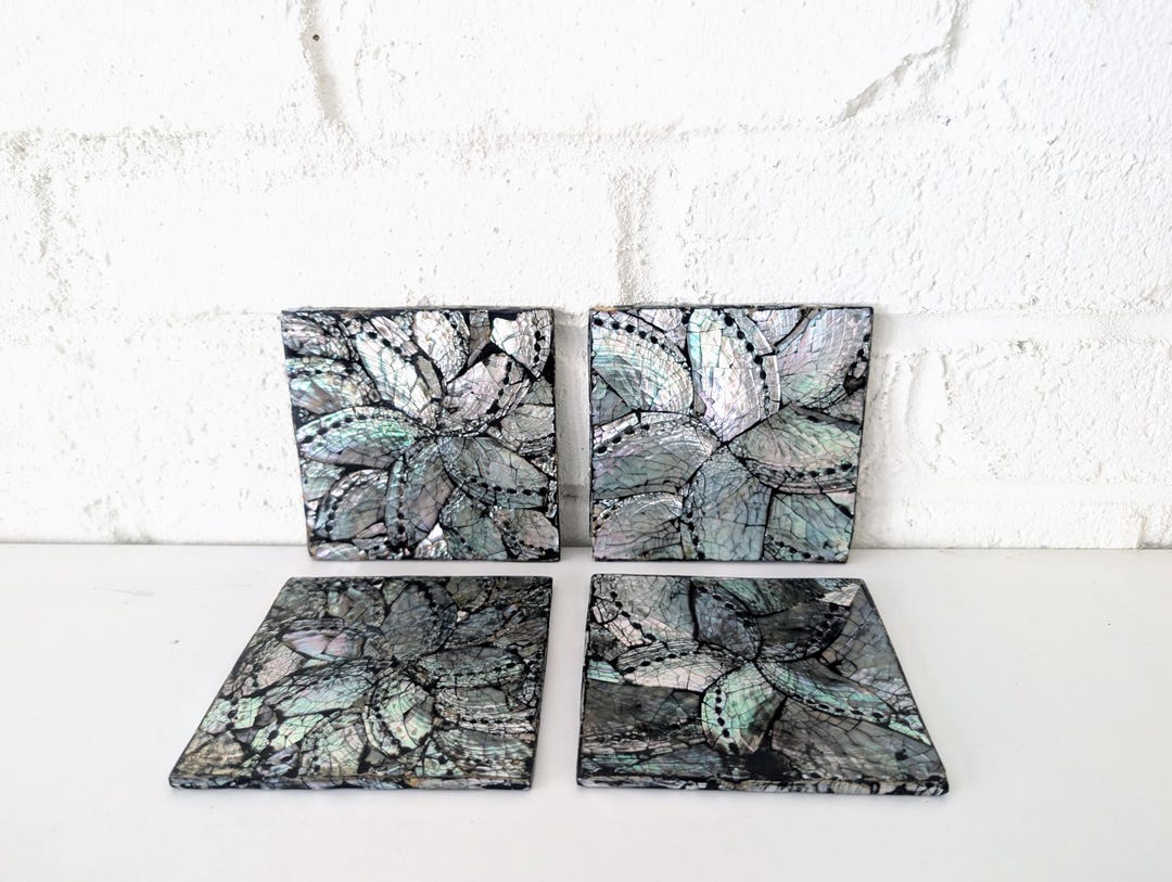 Set of 4 Vintage Capiz Abalone Sea Shell Drink Coaster | Beach Style ...