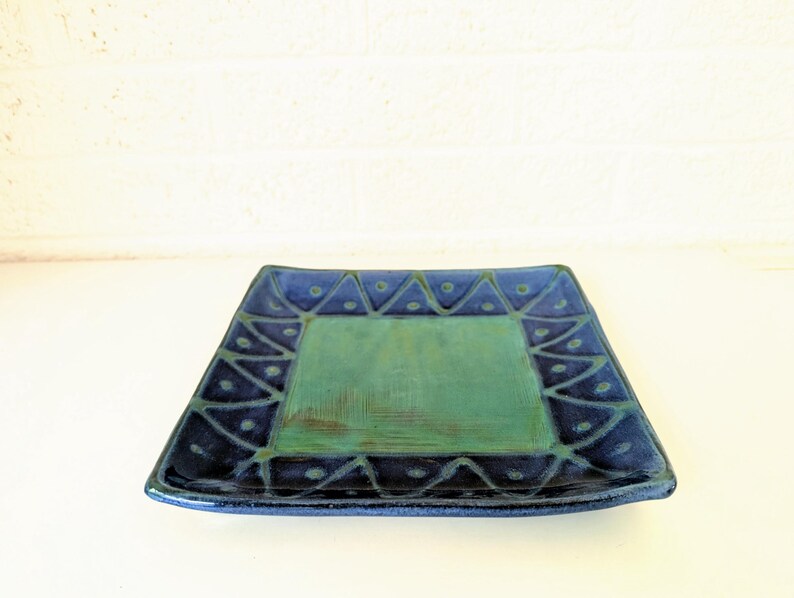 One Vintage Earthworks Barbados Dinner Plate | Square Plate With Blue ...