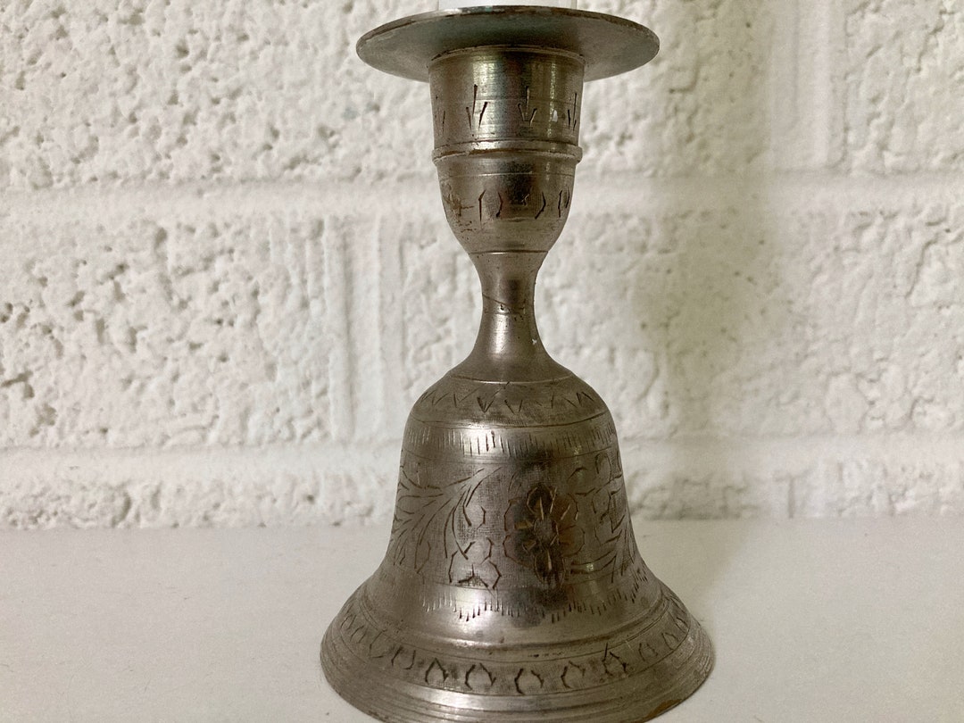 Vintage Heavy Metal Bell and Candle Holder Etched With Leaves - Etsy