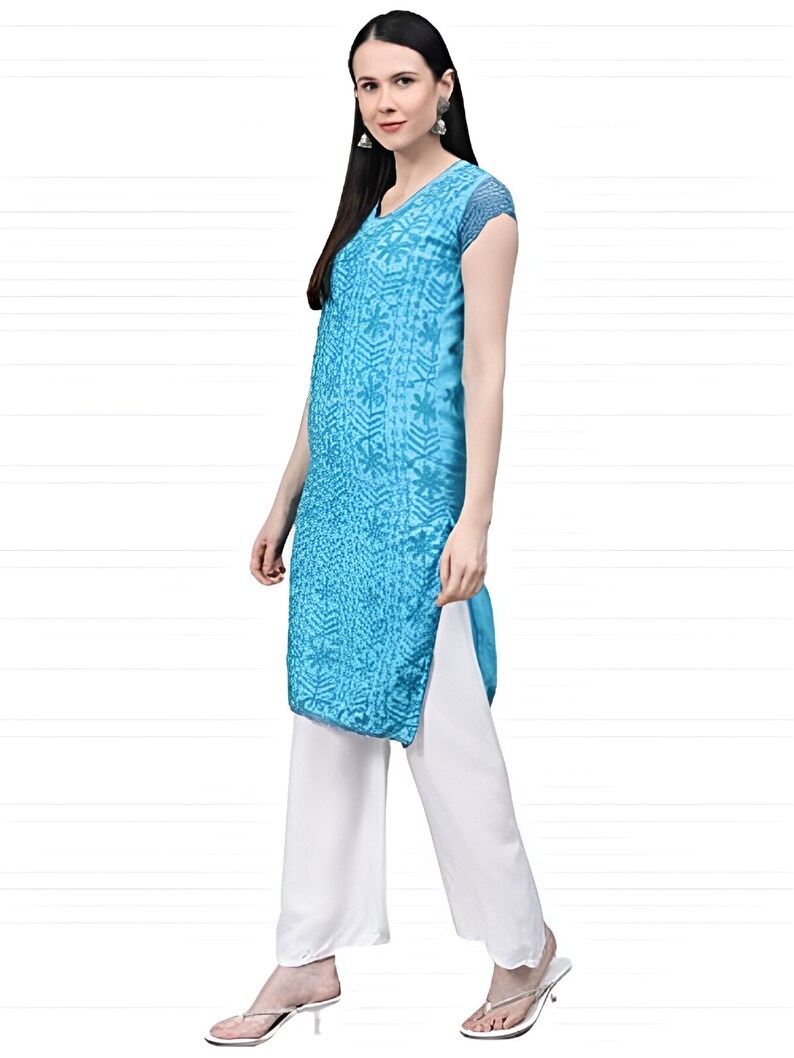 Short Sleeve Kurta for Women, Blue Kurti for Girls, Embroidered Kurti ...