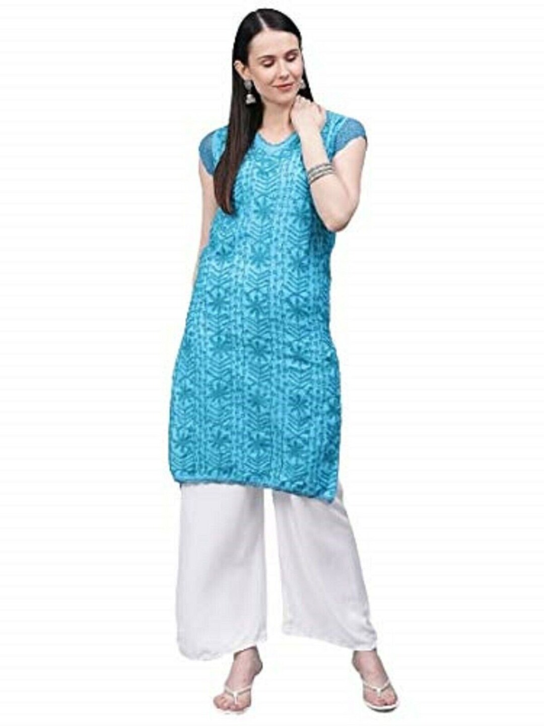 Blue Short Sleeve Kameez for Women, Chikankari Cotton Straight Kameez ...