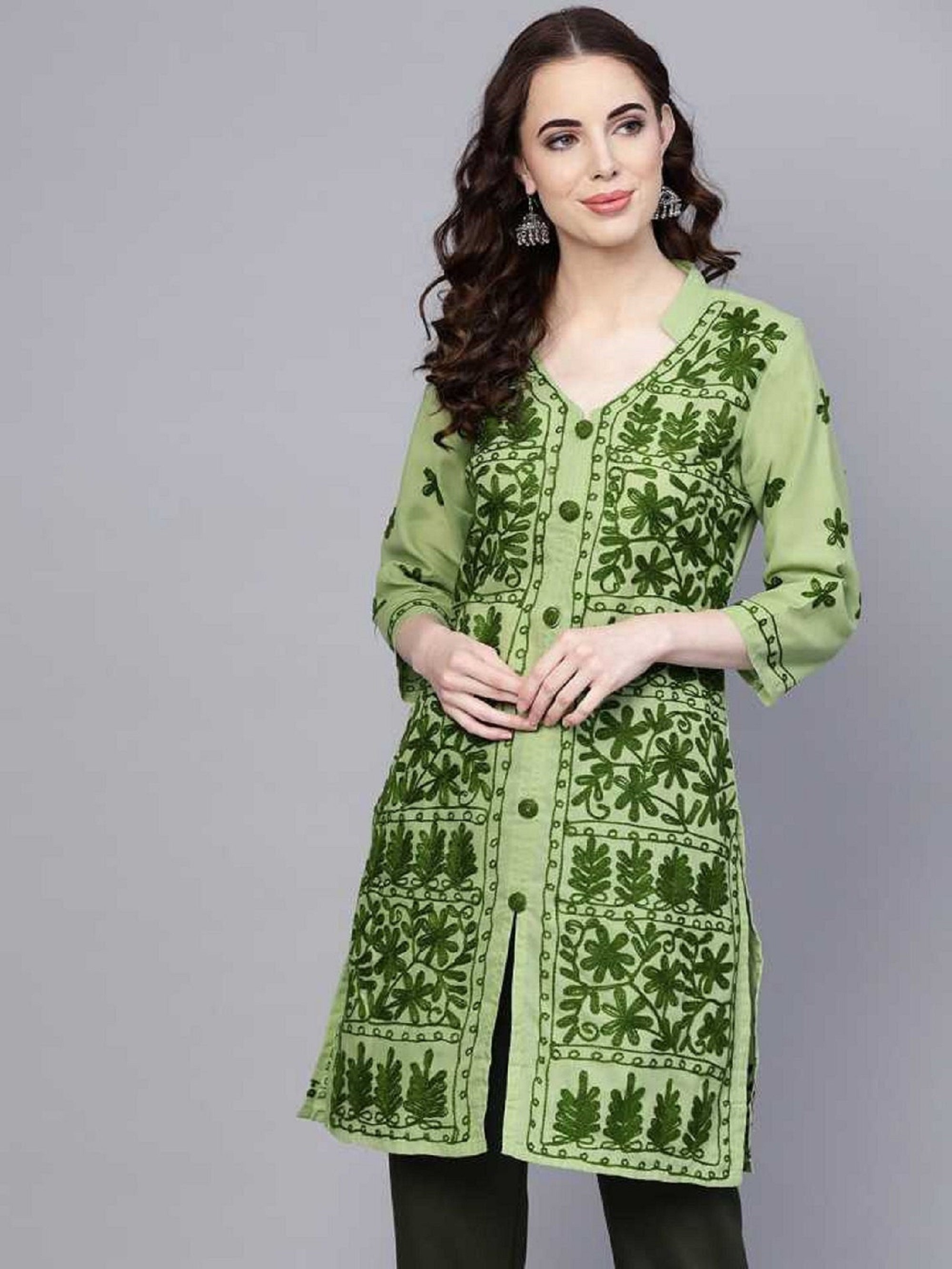 Light Green Women Straight Cotton Kurta Beautiful Knee Length Etsy