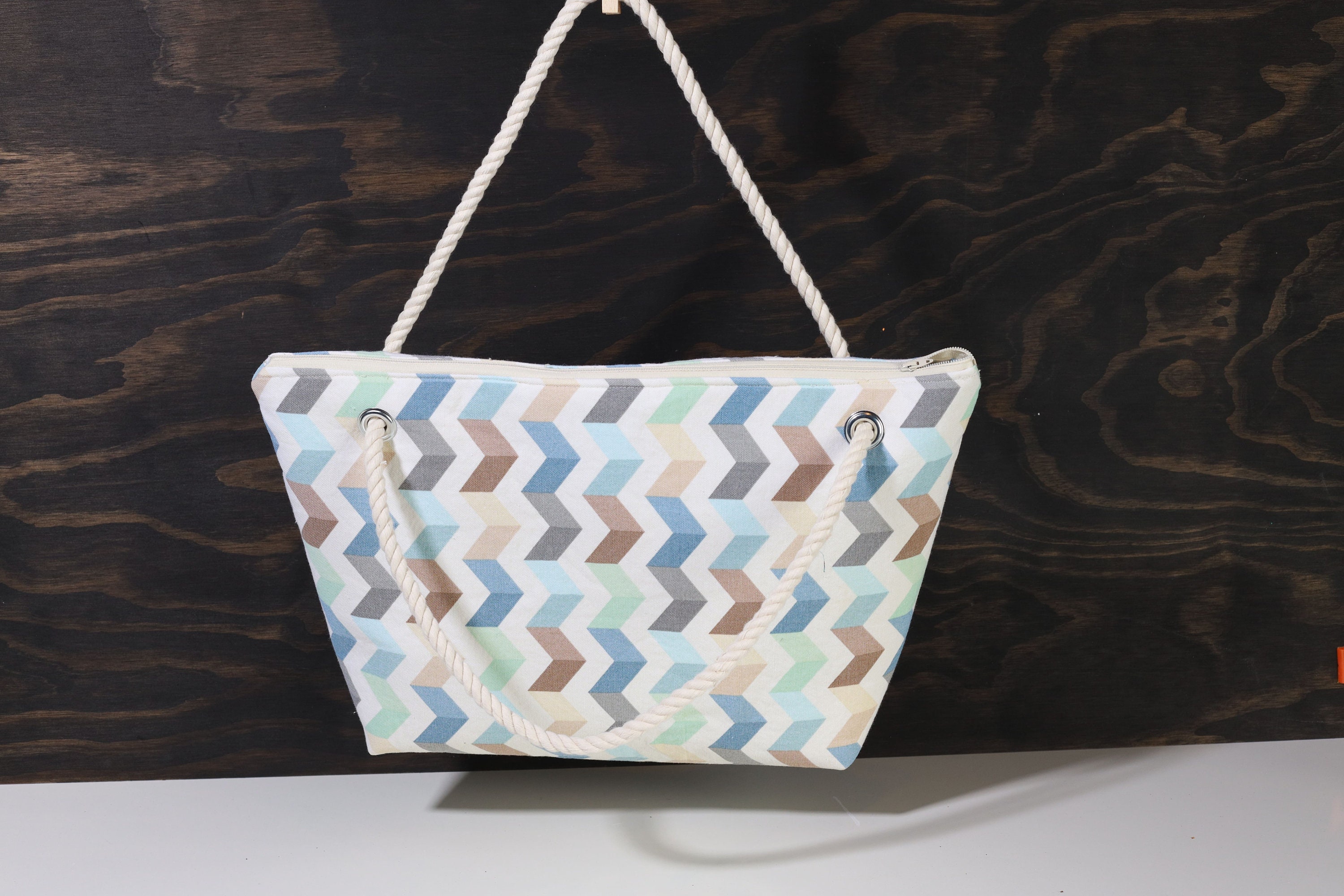 Chevron Pattern Rope Handle Tote Bag With Zipper and Pocket - Etsy
