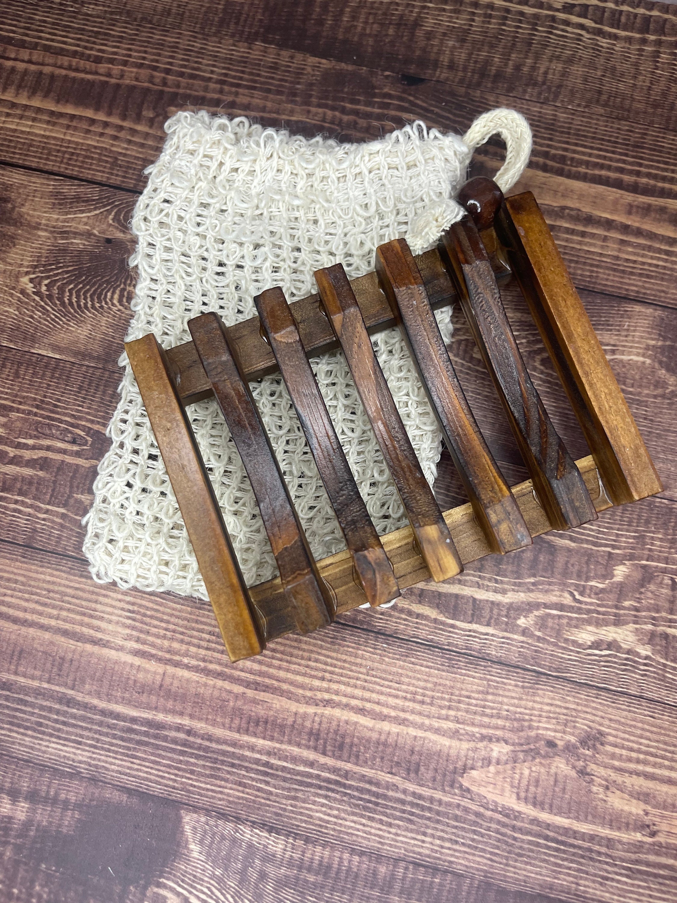 Wooden Soap Dish With Soap Saver Sisal Bag, Natural Wood, Soap Holder ...