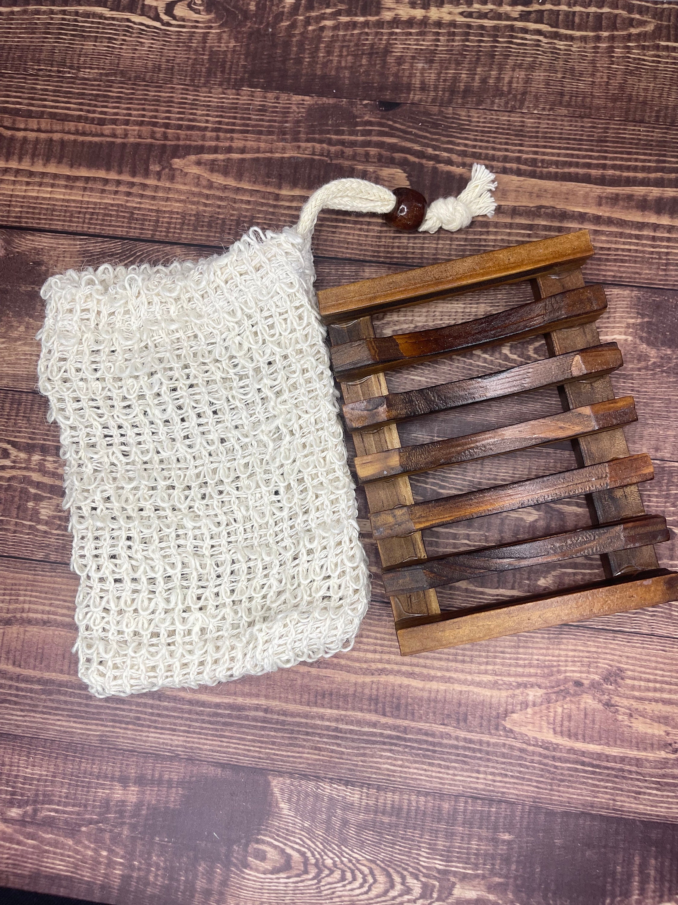 Wooden Soap Dish With Soap Saver Sisal Bag, Natural Wood, Soap Holder ...