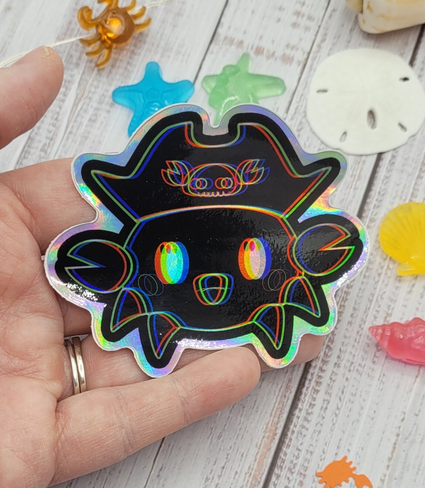 Chromatic Holographic Pirate Crab Vinyl Sticker, Cute Anime Chibi ...