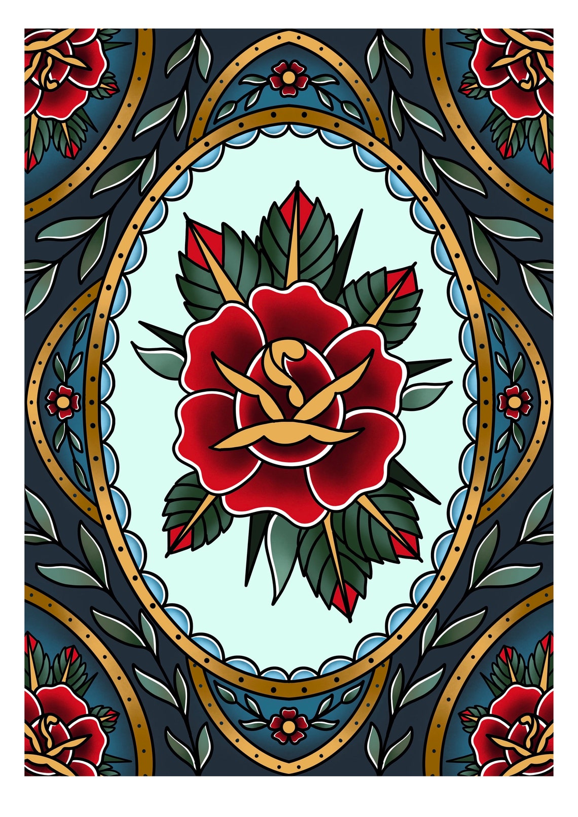 Traditional Rose Tattoo Style A4 Art Print Designed and Signed by Kat James - Etsy