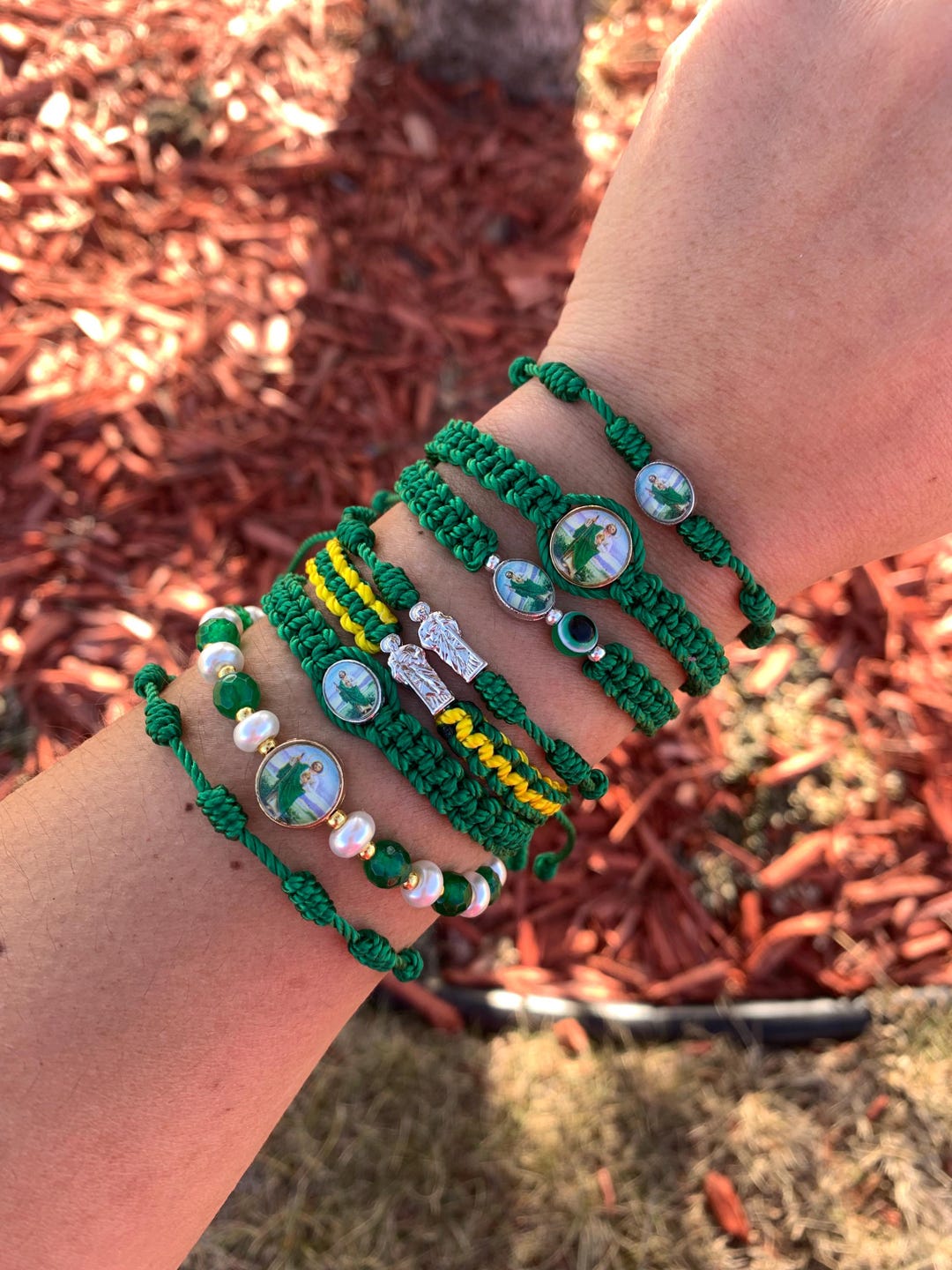 San Judas Tadeo Bracelet: Green Evil Eye, Catholic Protection, Jade ...