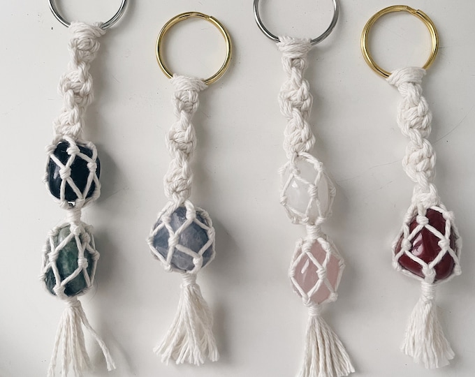Macramé Wrapped Crystal Keychain Charm, Rose Quartz Keychain, Amethyst ...