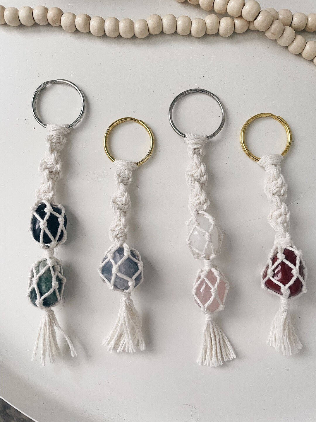 Macramé Wrapped Crystal Keychain Charm, Rose Quartz Keychain, Amethyst ...