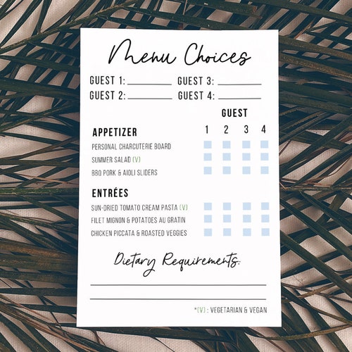 Menu Selection Card Template Printable Wedding RSVP Menu Card - Etsy