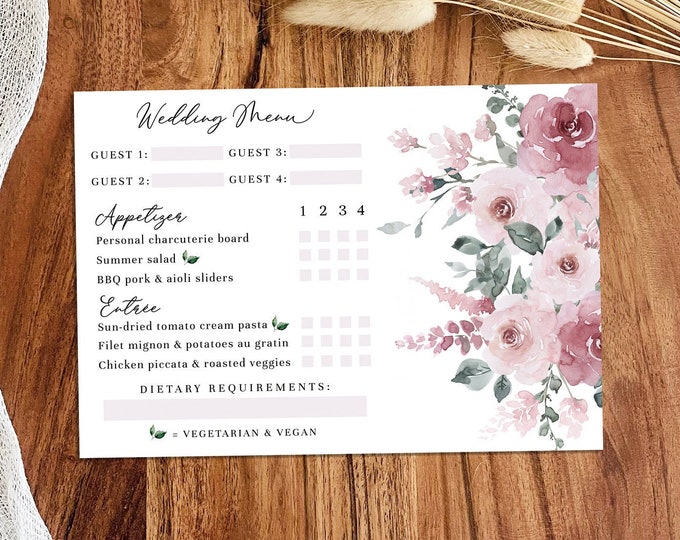 Menu Selection Card Template, Printable Wedding RSVP Menu Card With Meal Options, Meal Choice ...