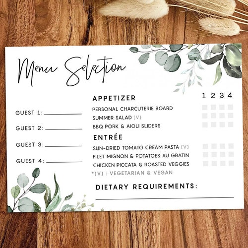 Menu Selection Card Template Printable Wedding RSVP Menu Card | Etsy